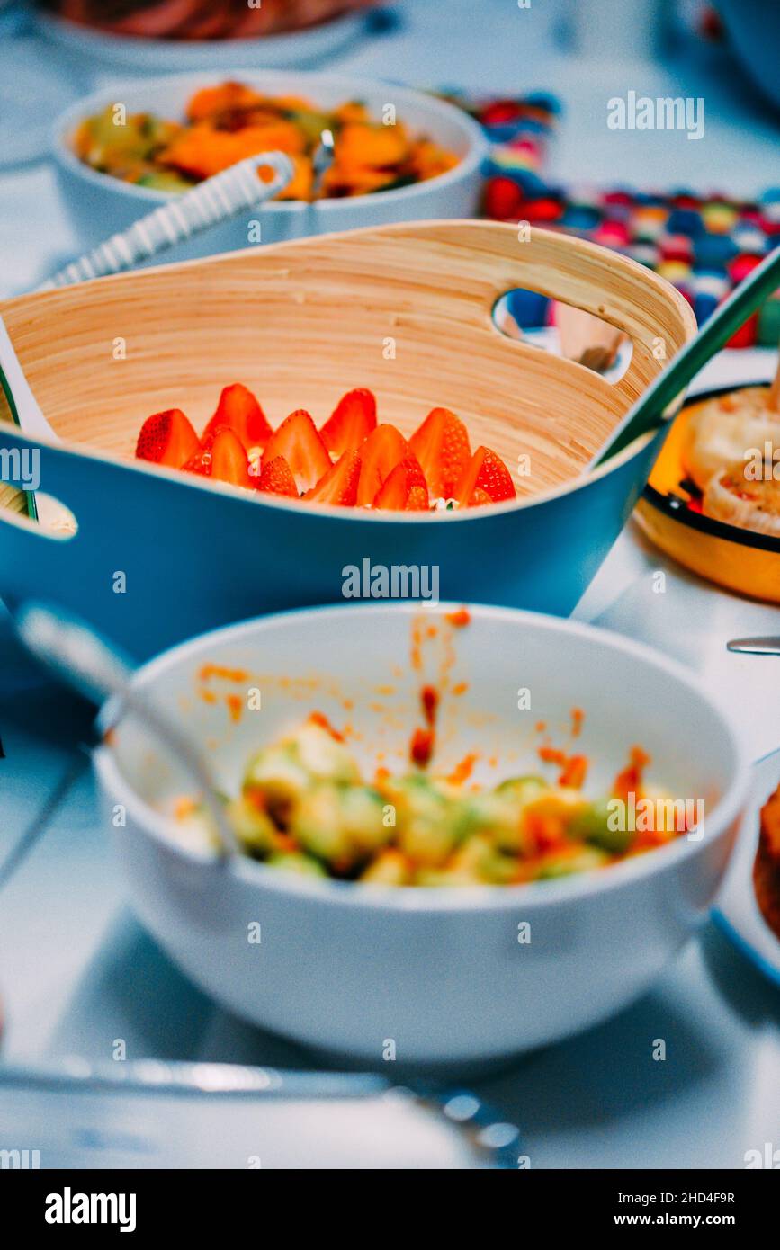 Vertical shallow focus of fresh meals on the table for a thanksgiving ...