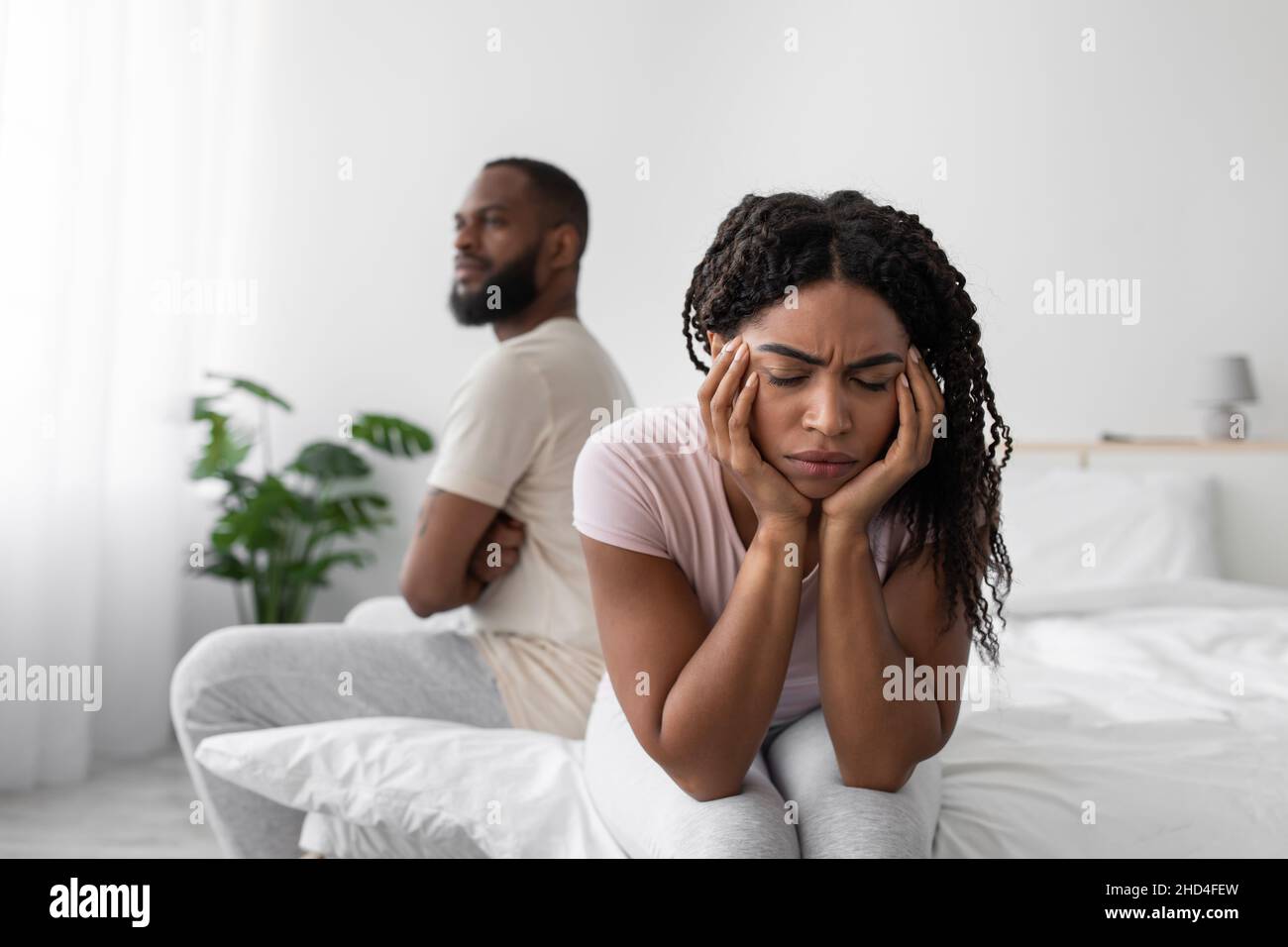 Sad Offended Millennial African American Wife Ignores Upset Husband