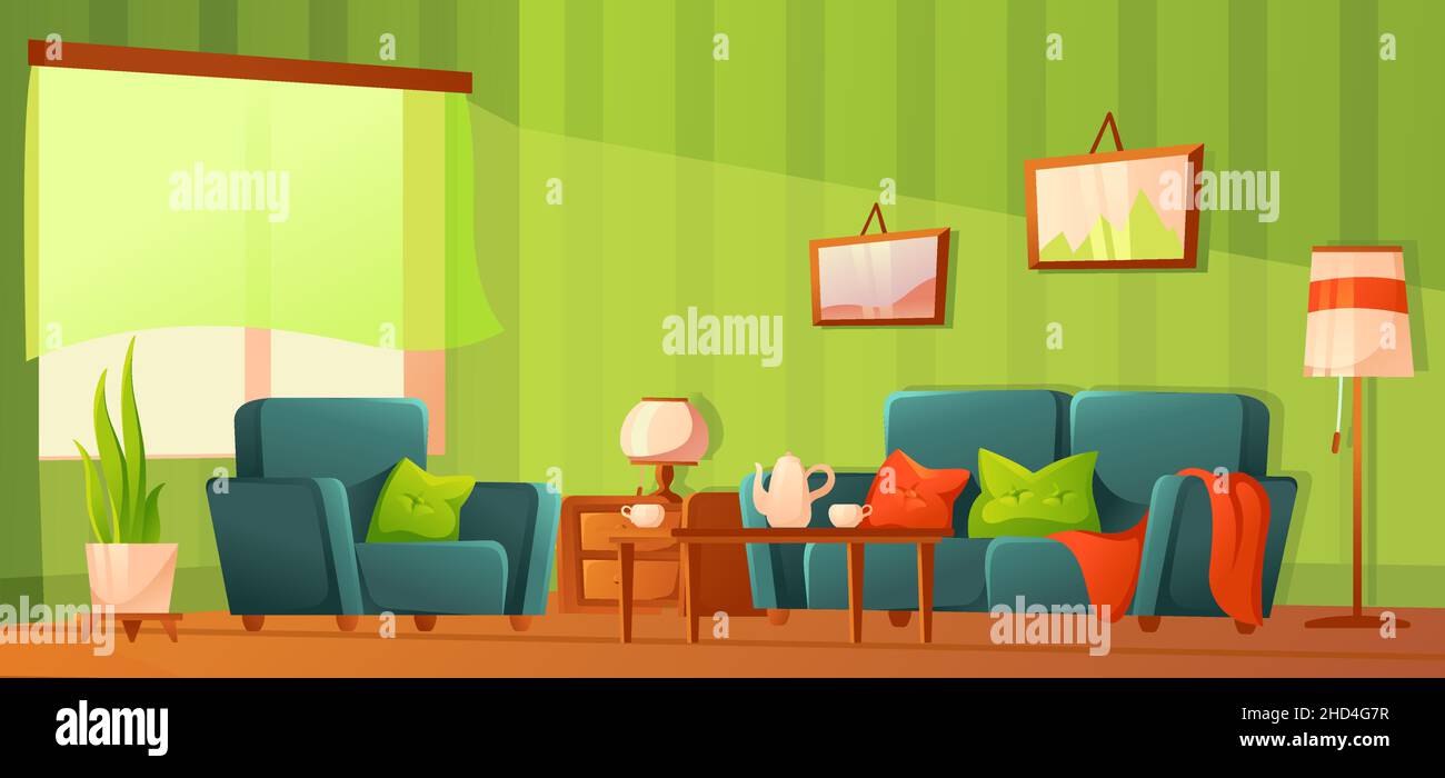 Cartoon living room interior. Modern spring room, sunlight in home ...