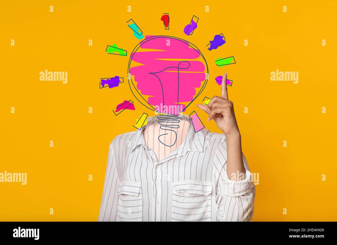 Creative ideas and innovations. Young lady with light bulb instead of ...