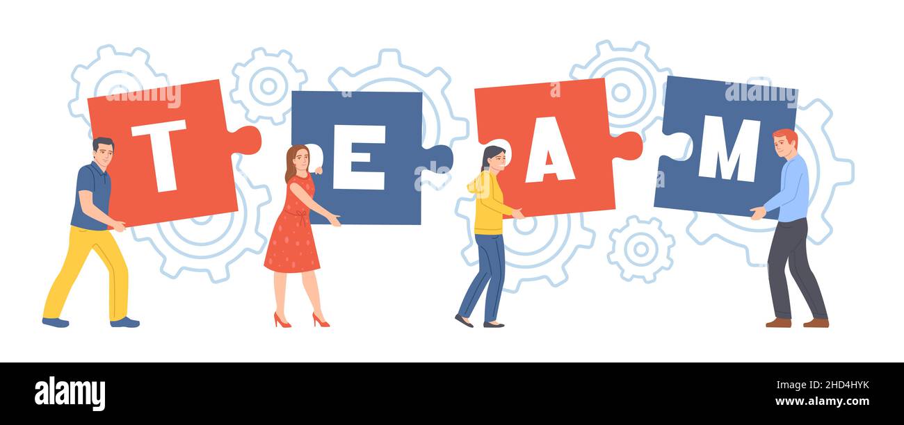 Team word puzzle. Employees group assemble color puzzle, business ...