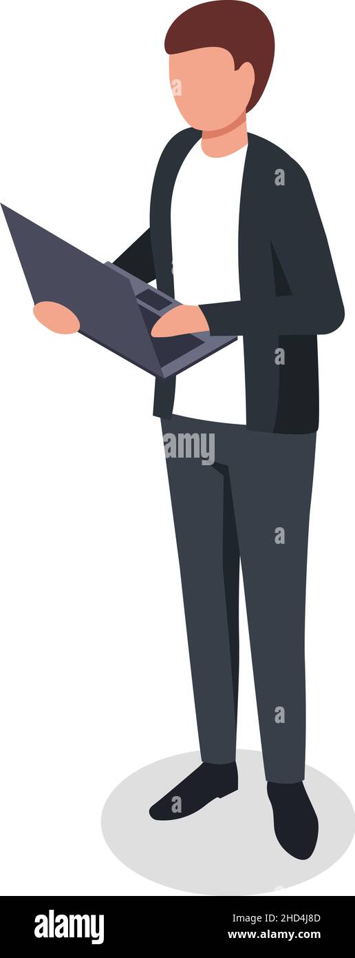 Man working use laptop, work with computer. Vector programmer work with ...