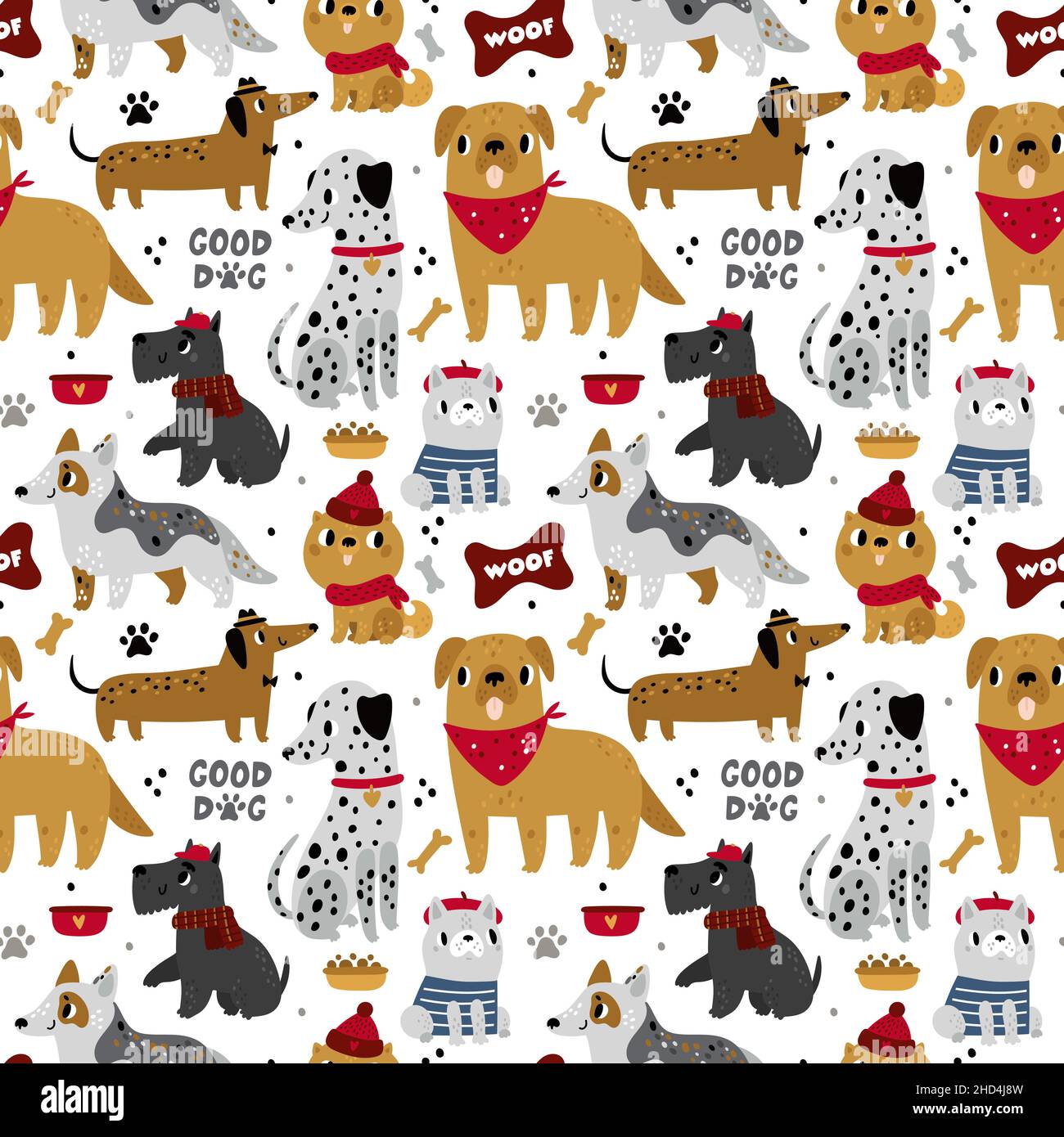 Seamless pattern cute dogs. Different breeds puppies, nursery prints ...