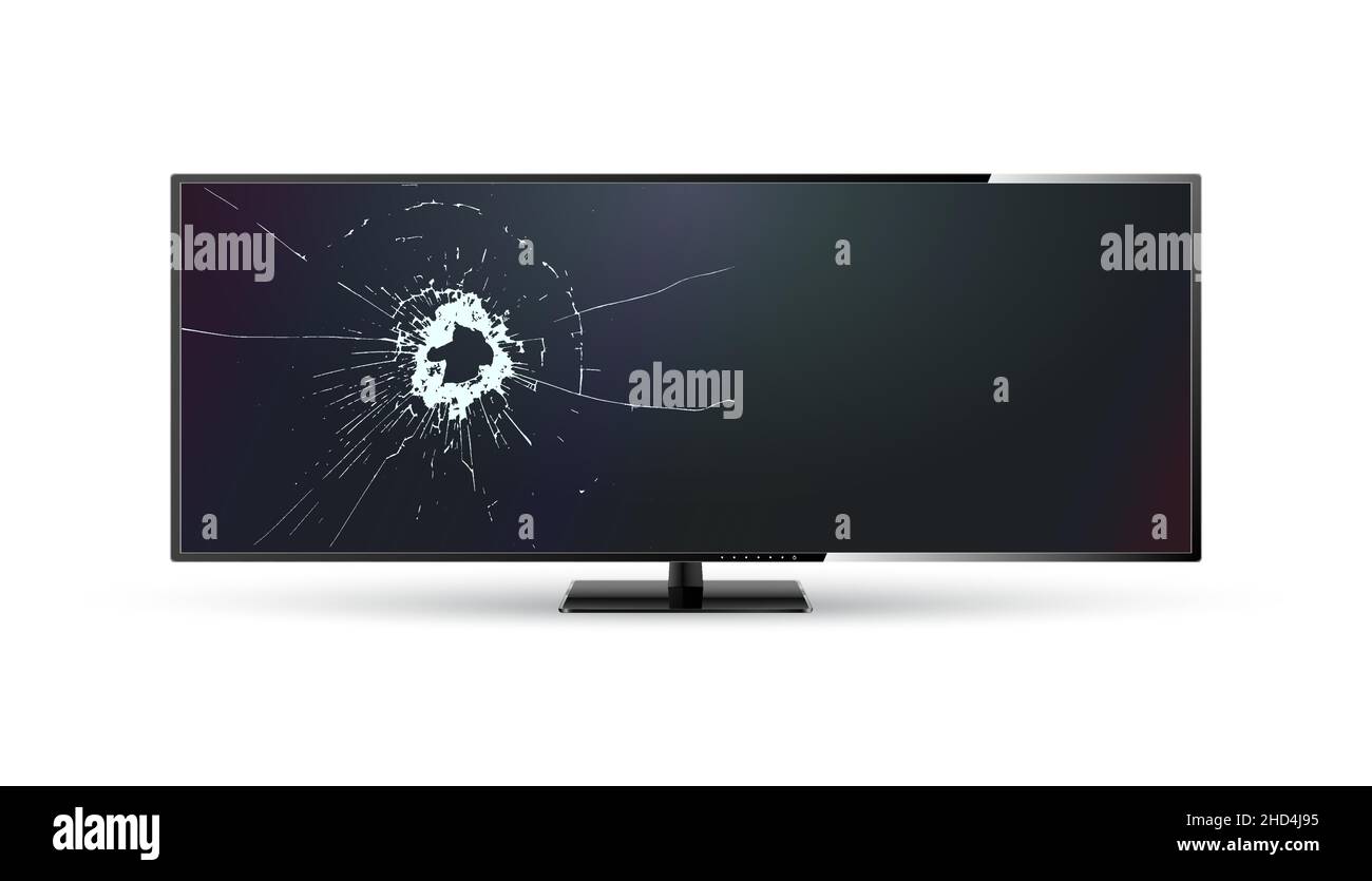 Broken monitor with cracked lcd screen. Widescreen with cracked glass ...
