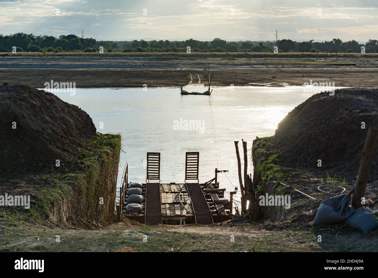 A rope bridge crossing over the Luangwa river in South Luangwa National ...
