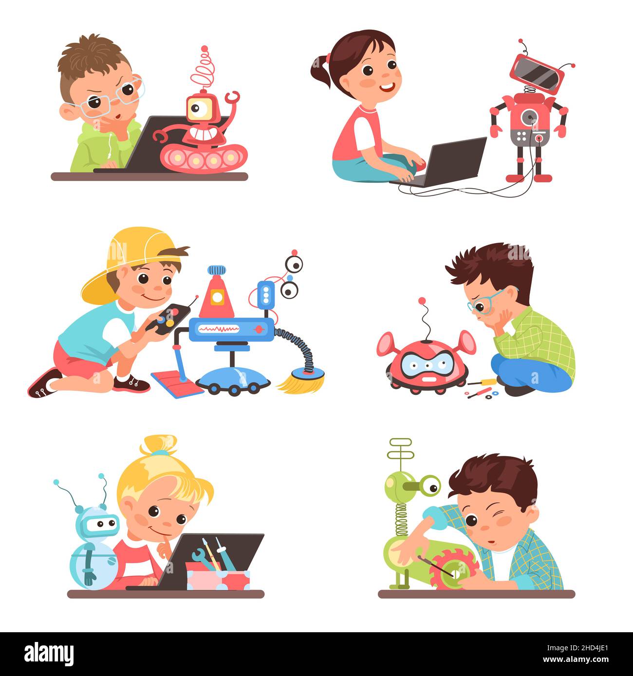 Children assemble robots. Cute kids electronic radio club, little ...