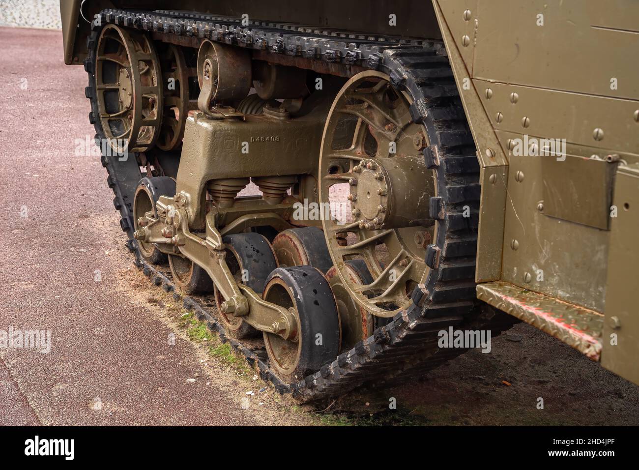 Arromanches, France - August 2, 2021: Track of the military vehicle ...