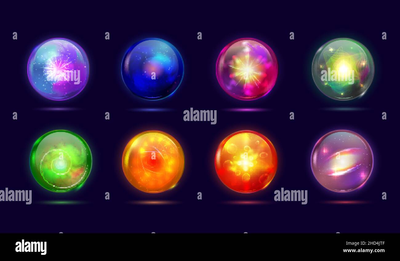 Magic mysterious orbs. Fantasy glowing balls energy sphere, round glass ...