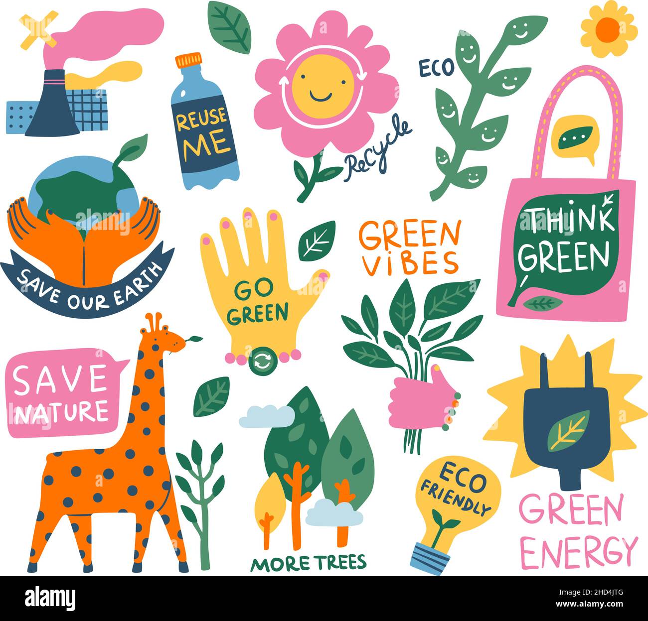 Cartoon ecology emblems. Eco environment elements. Plants and green ...