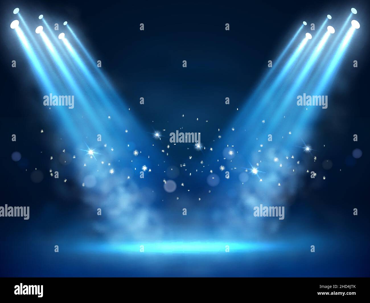Illuminated stage and blue smoke. Night lightning in fog. Searchlight ...