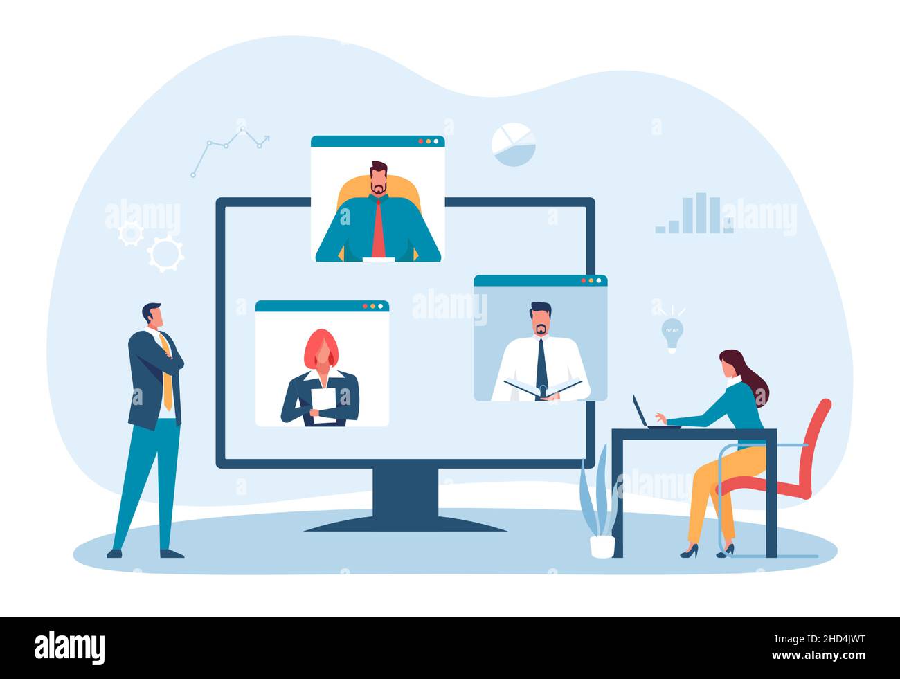 Business online meeting with big screen by video platform. Illustration ...