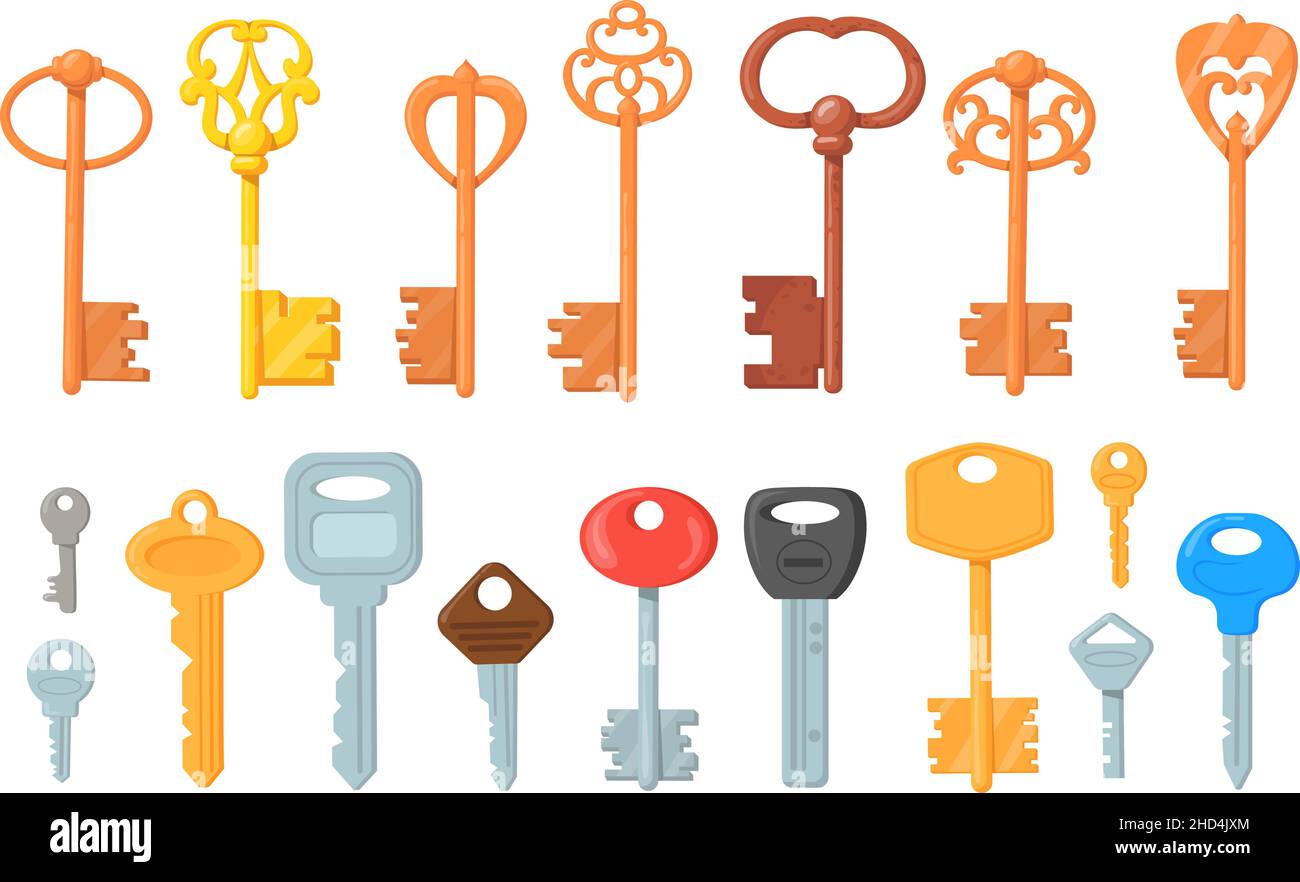 Cartoon door keys. Golden ancient brass old classic magic vintage key ...