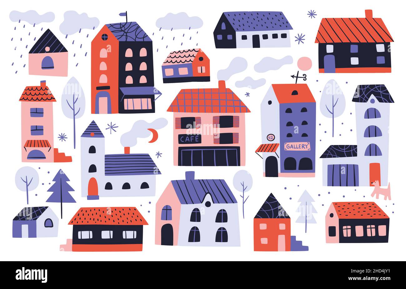 Small houses. Cute cottages. Different little cabins. Village buildings ...