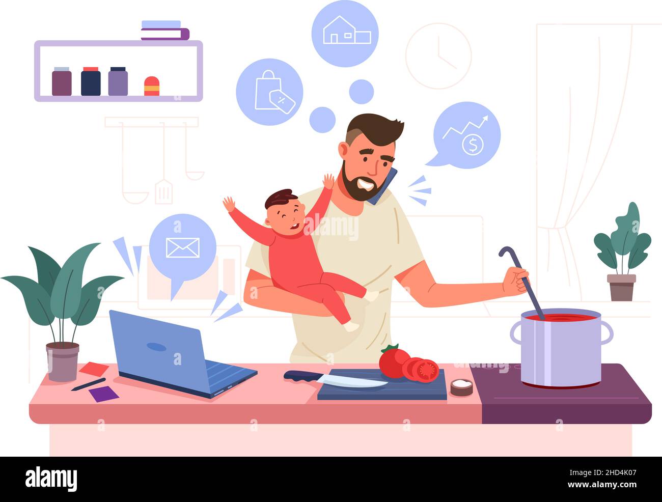 Busy father. Multitasking super dad cooking, lonely daddy with baby ...