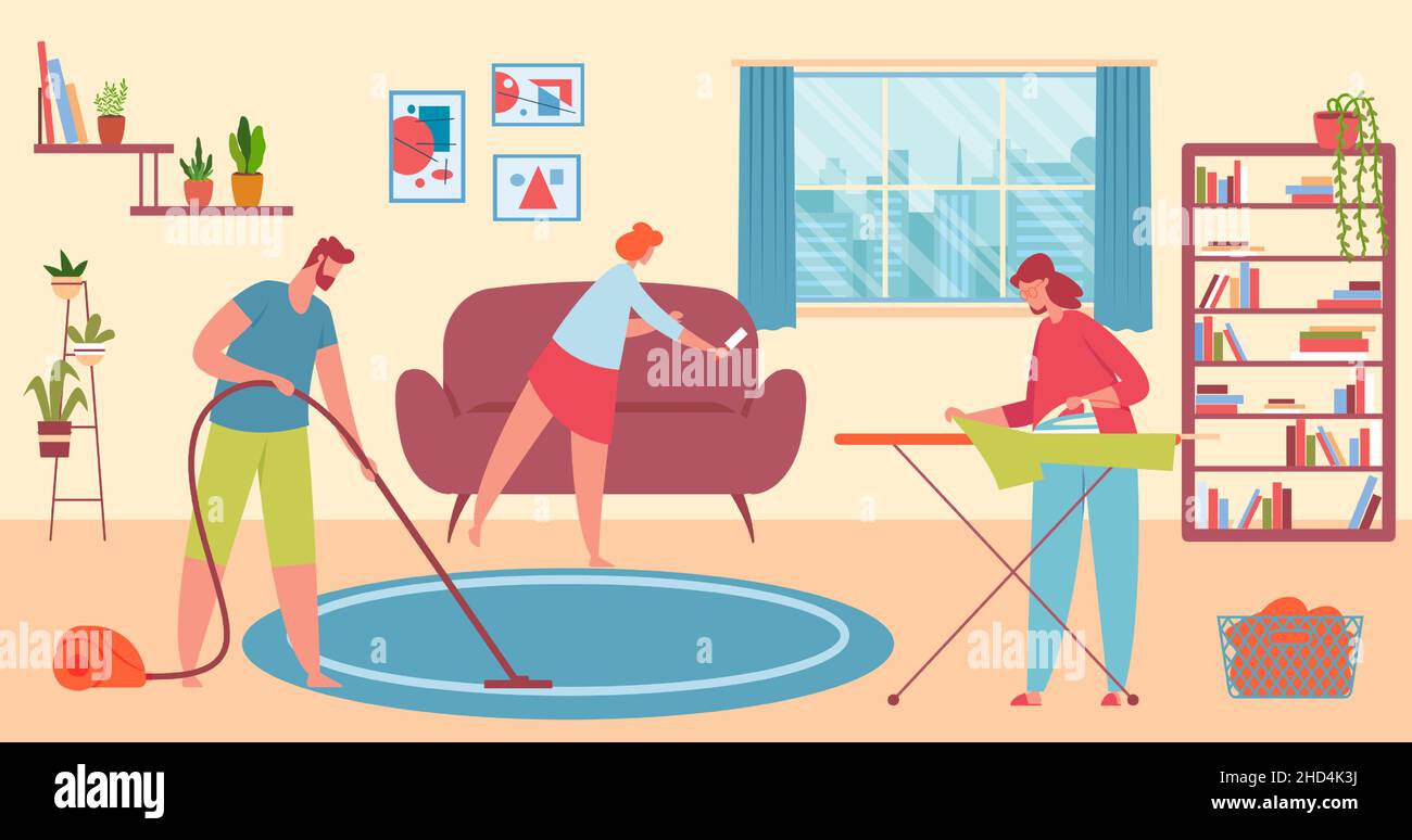 Family cleaning home and doing chores together. Vector household and ...