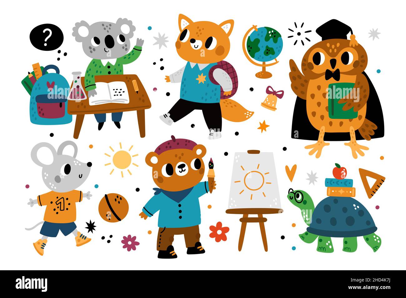 Cute school animals. Kids cartoon characters with educational supplies ...
