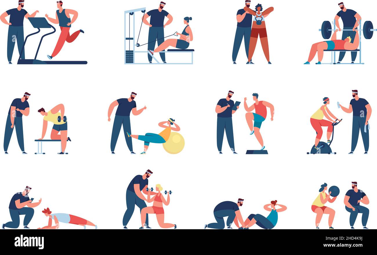 Characters training with personal trainer, athlete with coach. Athletic ...