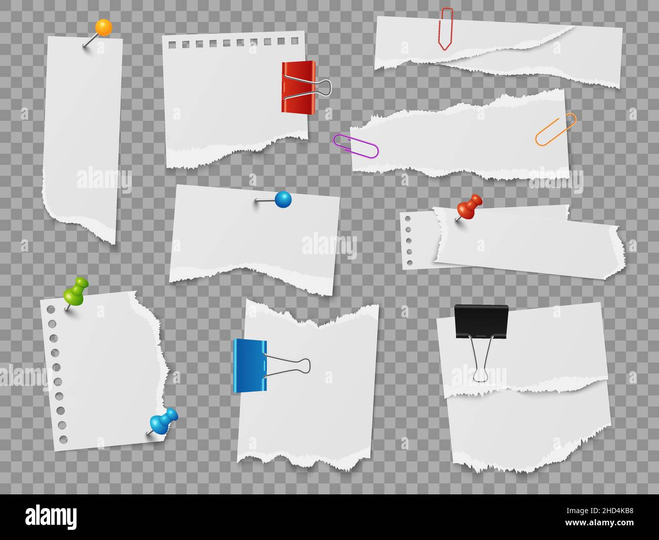 Pinned note paper. Realistic stationery elements. 3D pages with ragged ...