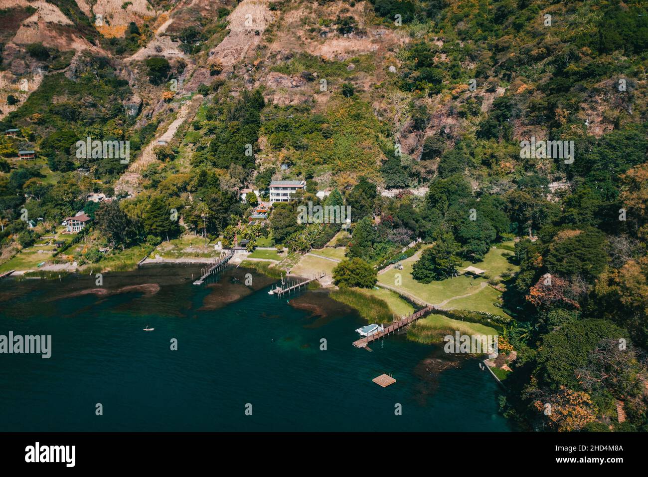 Aerial view of landscapes on the coast of Lake Atitlan in Guatemala ...