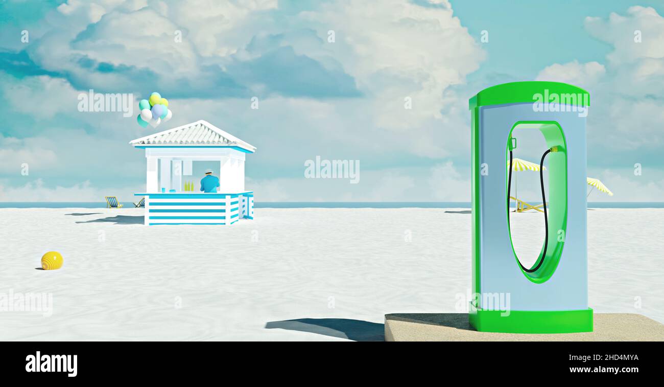EV charging point at the beach, 3D illustration Stock Photo - Alamy