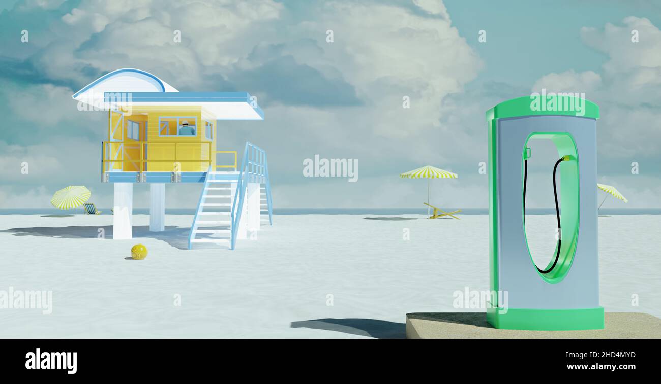 EV charging point at the beach, 3D illustration Stock Photo - Alamy