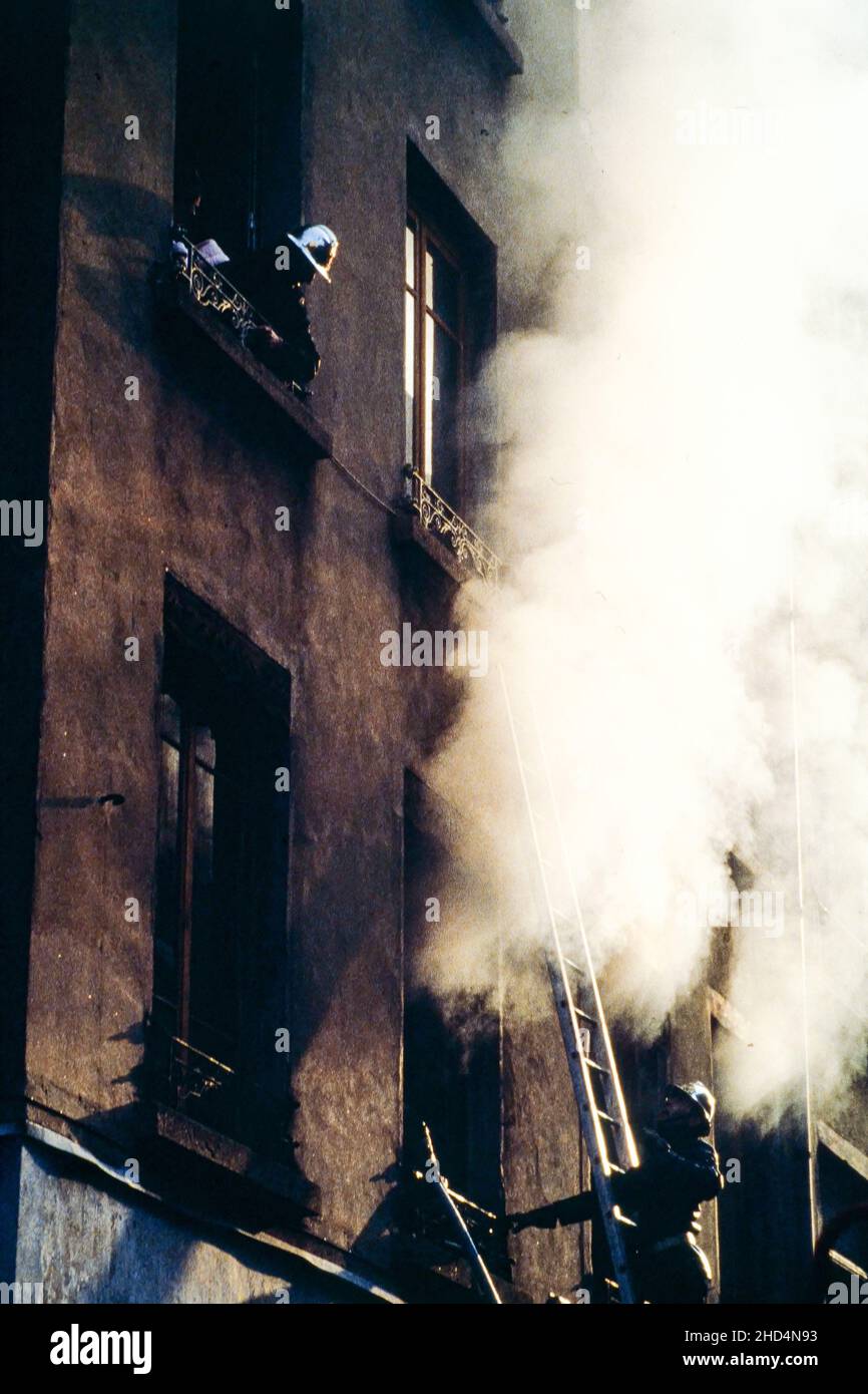 Archives 80ies: Firefighters at work, Lyon, France, 1985 Stock Photo ...
