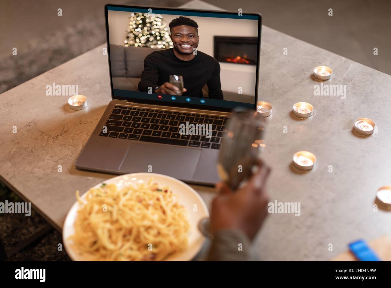 African Female Video Calling Husband On Christmas Via Laptop, Cropped ...