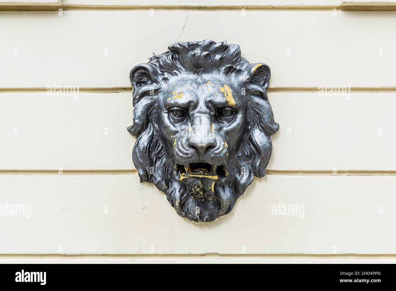 Metal lion head on the wall, building decoration Stock Photo - Alamy