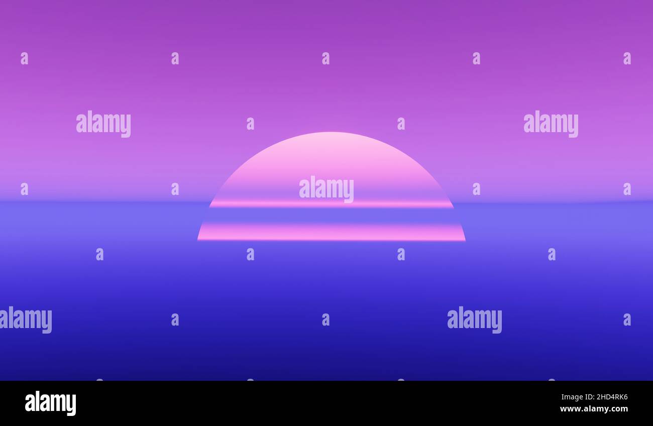 Abstract sun setting over sea, evening sunset background, 3d ...