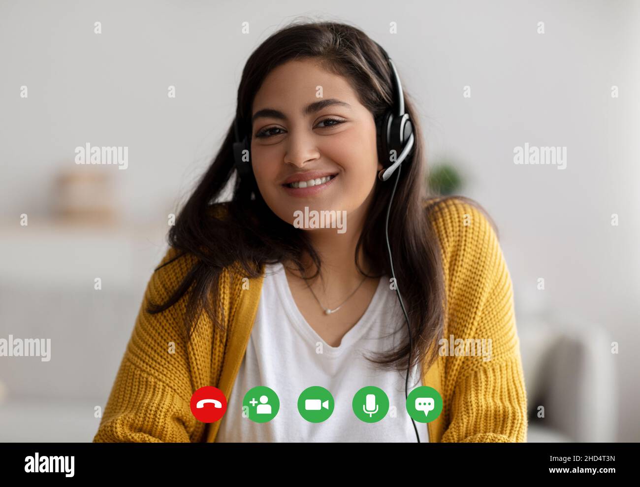 Headshot portrait screen view of happy arab woman making video call ...