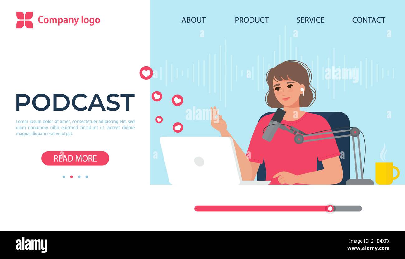 Woman with laptop and microphone, in headphones. Concept of creating ...