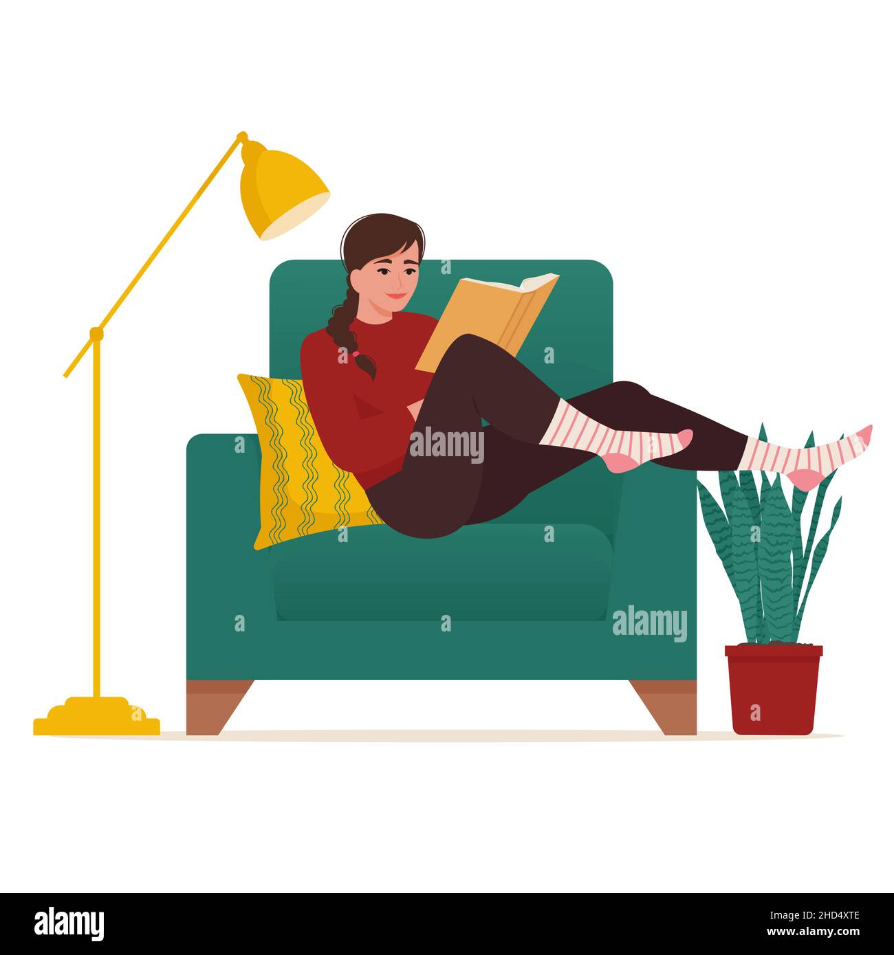 Woman reading book, resting in armchair. Hobby, relax, recreation at ...