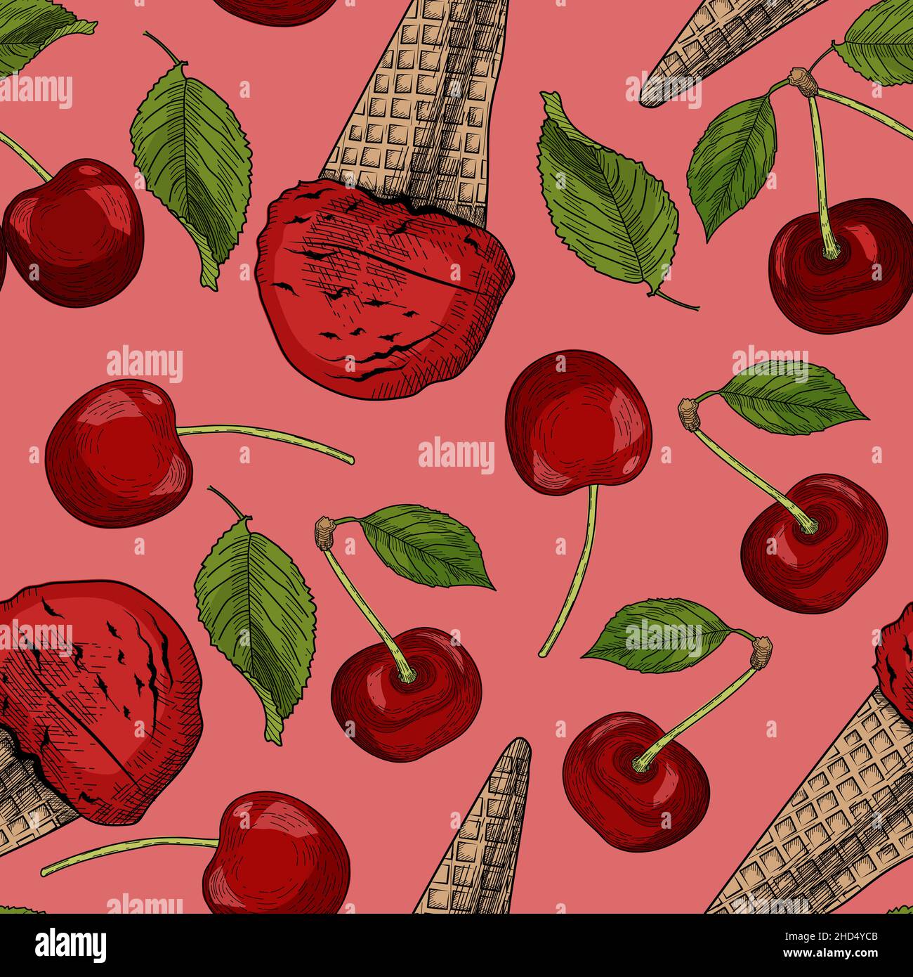 Cherry ice cream in engraved style. Seamless pattern, vector hand drawn ...