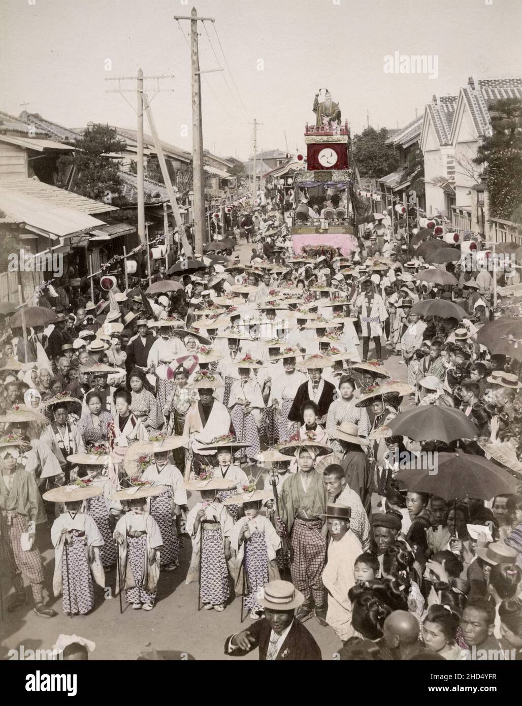 Vintage 19th century photograph: Festival procession, large, crowd ...
