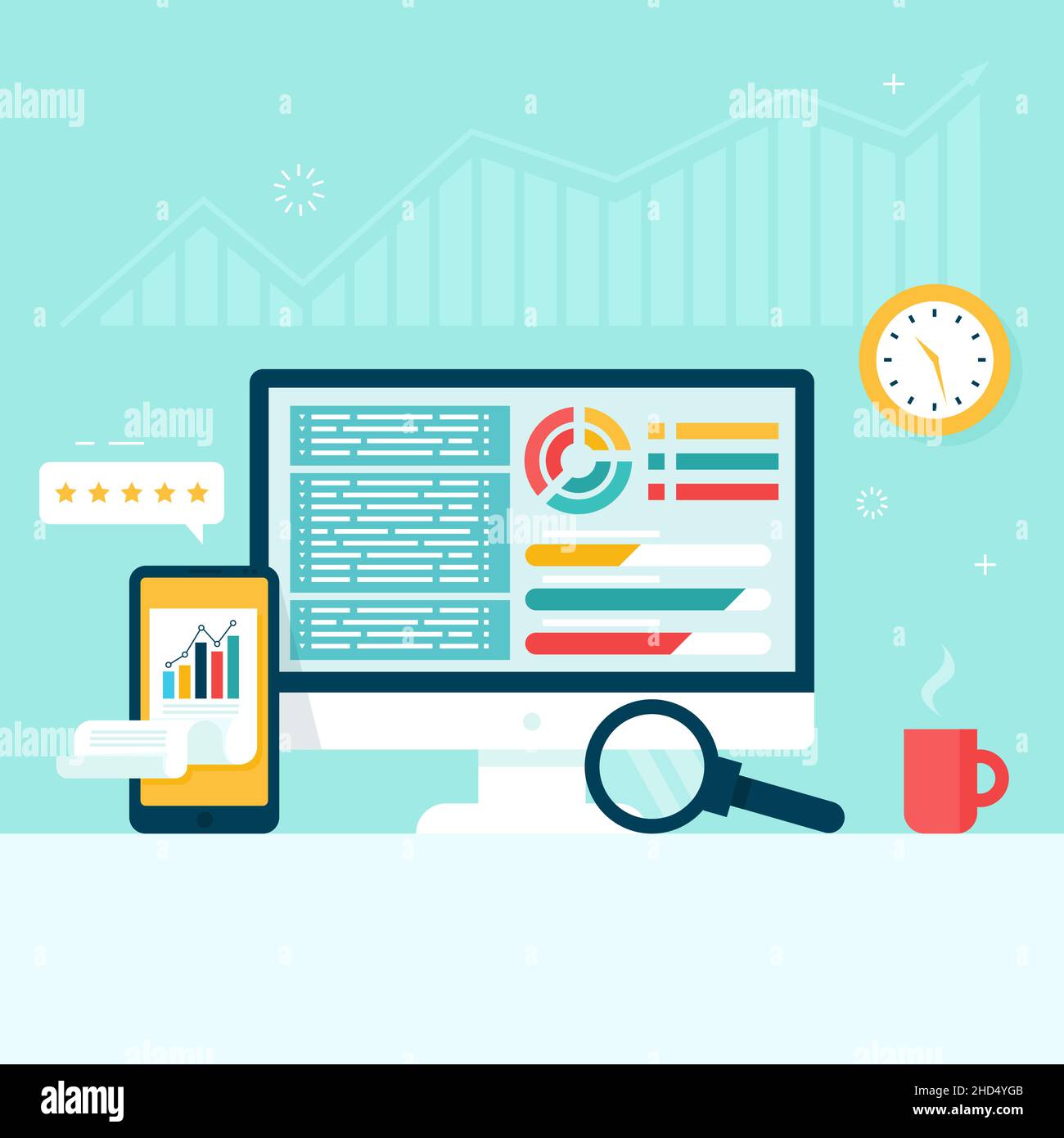 Graphs and charts on the monitor and phone screen. Accounting ...