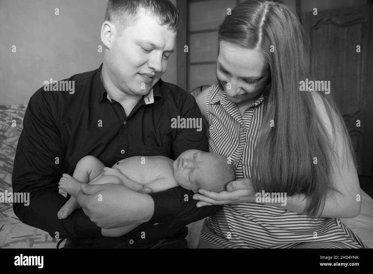 Portrait of attractive cheerful life partners daddy mommy cute baby ...