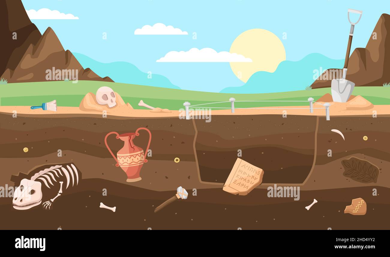 Archeology soil layers. Ancient bones in depths of earth, excavation ...