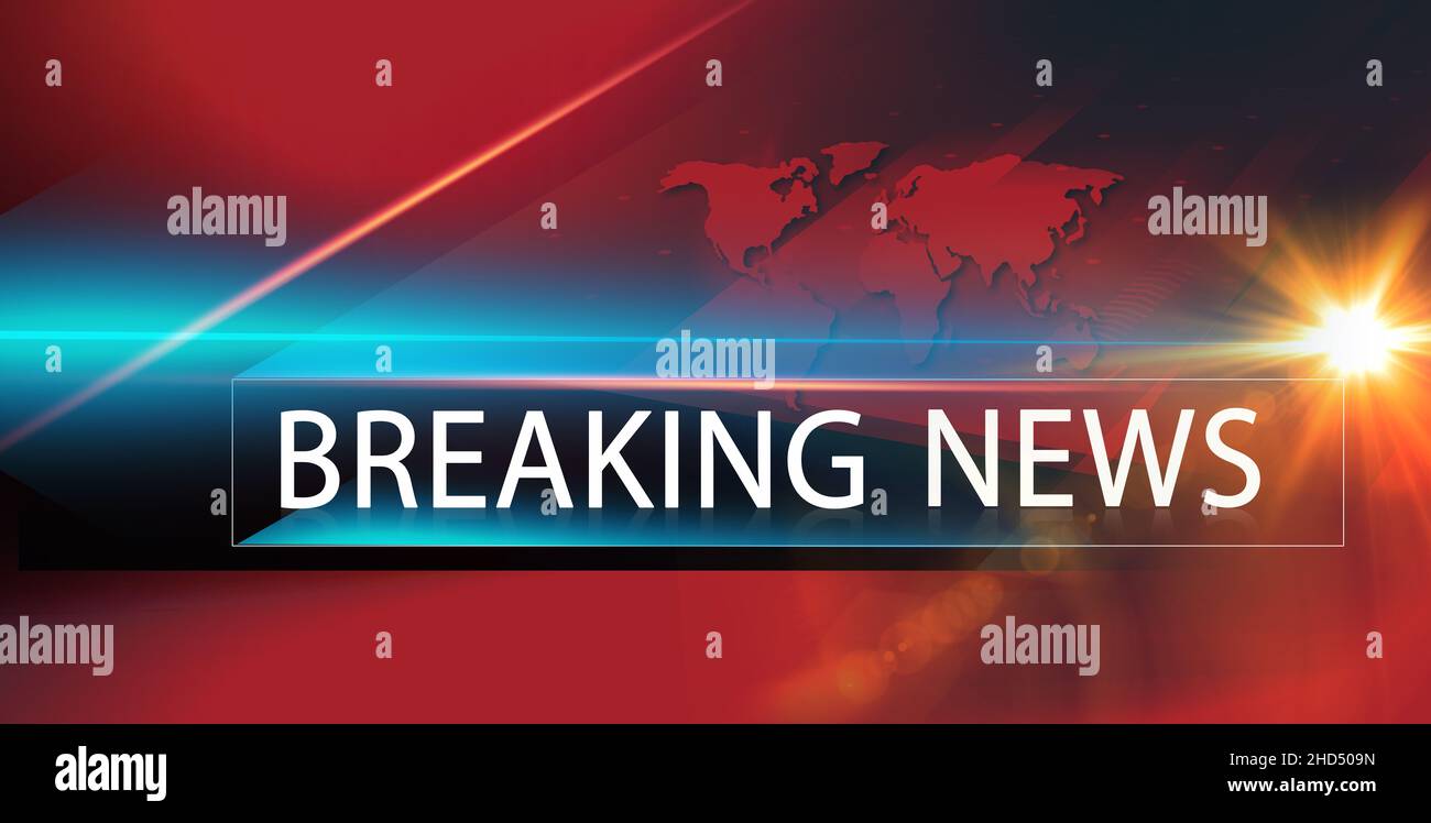 A 3D rendering of a breaking news writing with a world map on the red ...