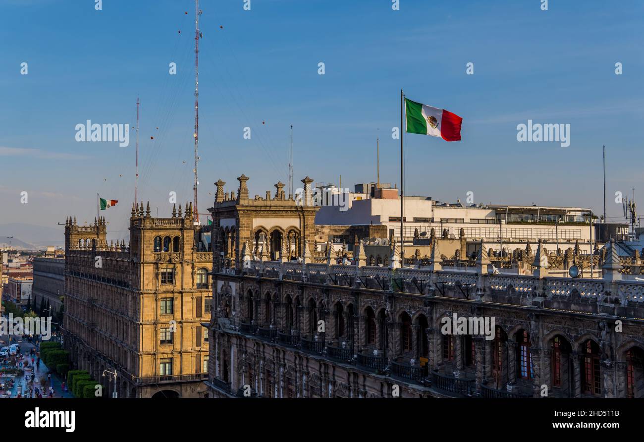 Beautiful view of historic buildings with a Mexican flag on ...