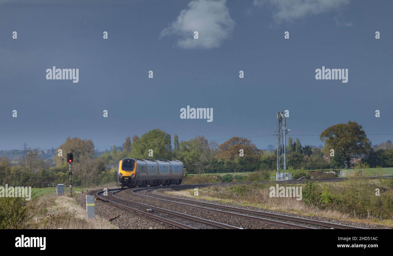 Crosscountry train with a danger signal behind it, the signal ...