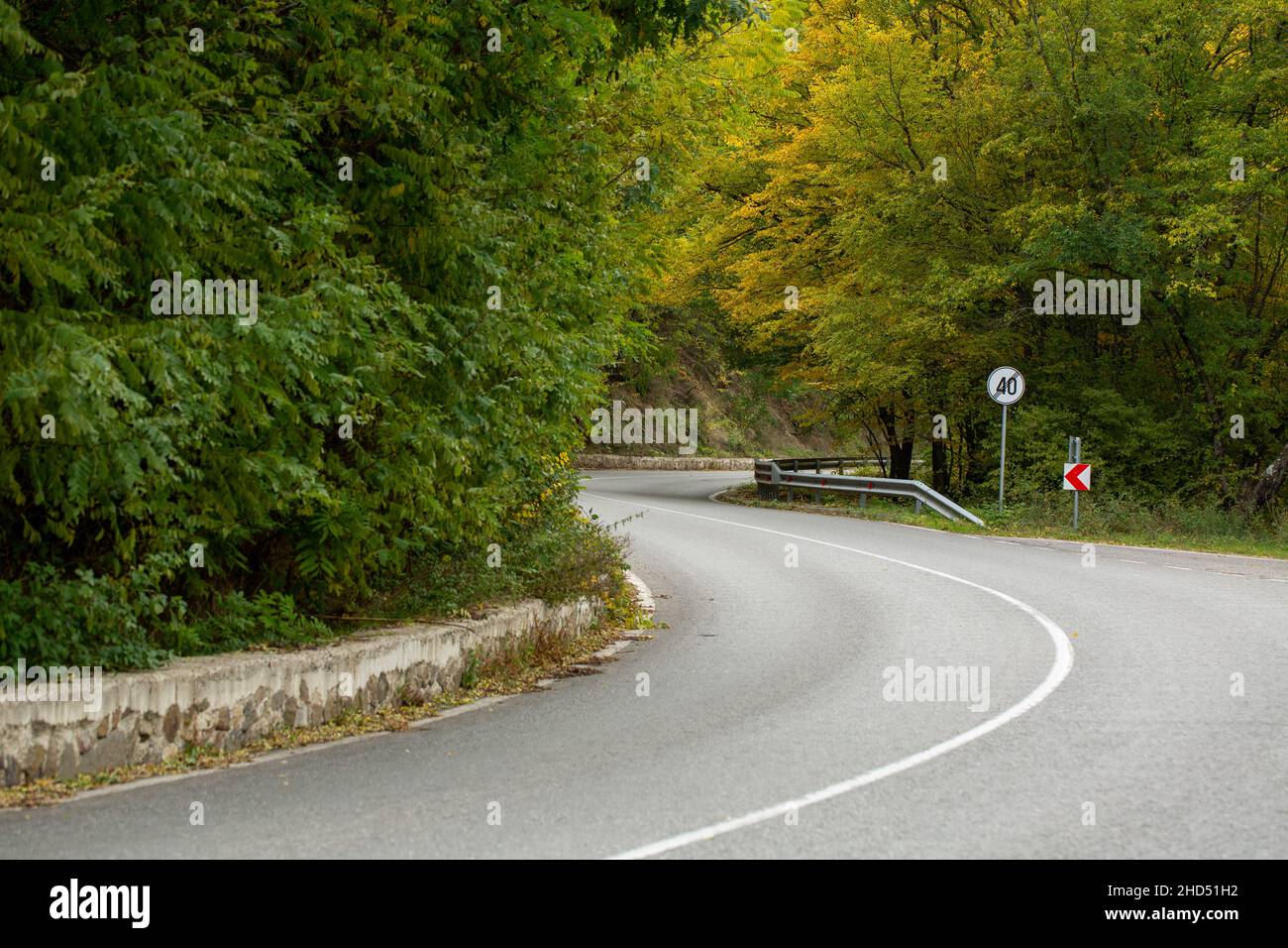 Beautiful and clean asphalt road with road signs and big trees Stock ...