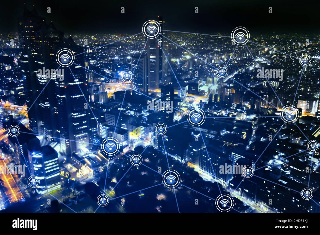 Wifi technology network concept.CIty night background with connecting ...