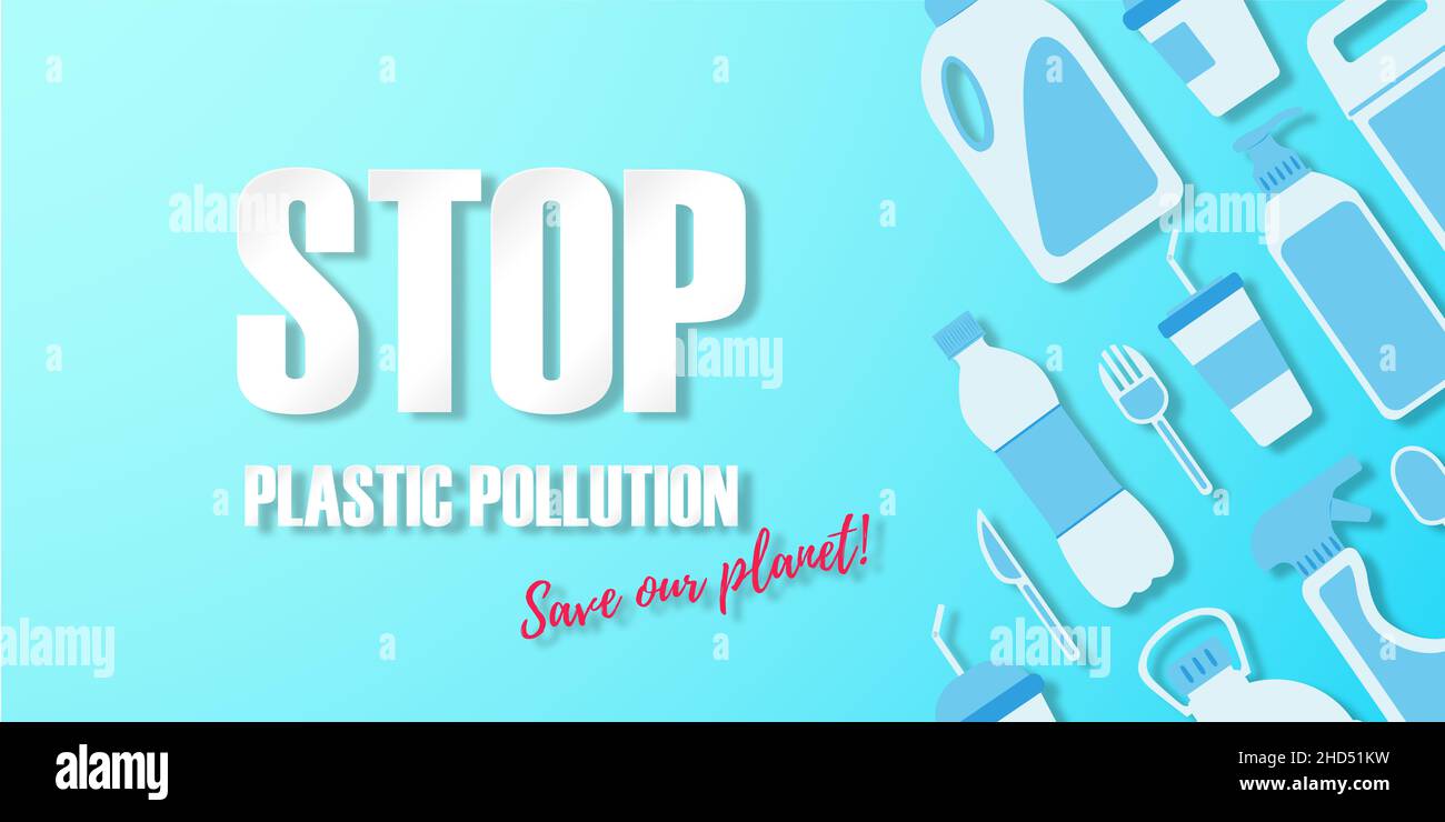 Stop plastic pollution. Disposable plastic. Copy space. Flat lay ...