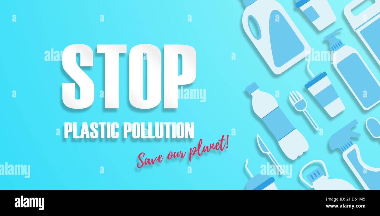 Stop plastic pollution. Disposable plastic. Copy space. Flat lay ...