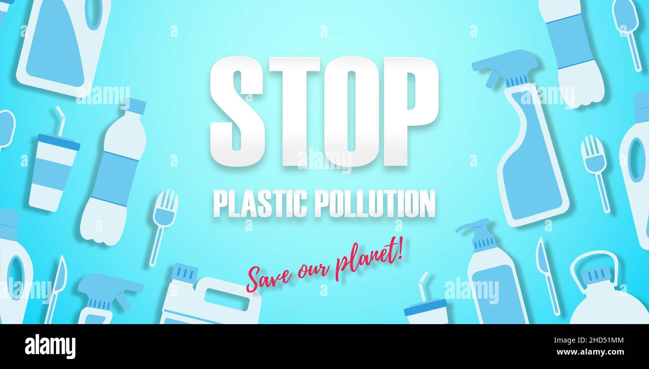 Stop plastic pollution poster. Disposable plastic in a flat style ...
