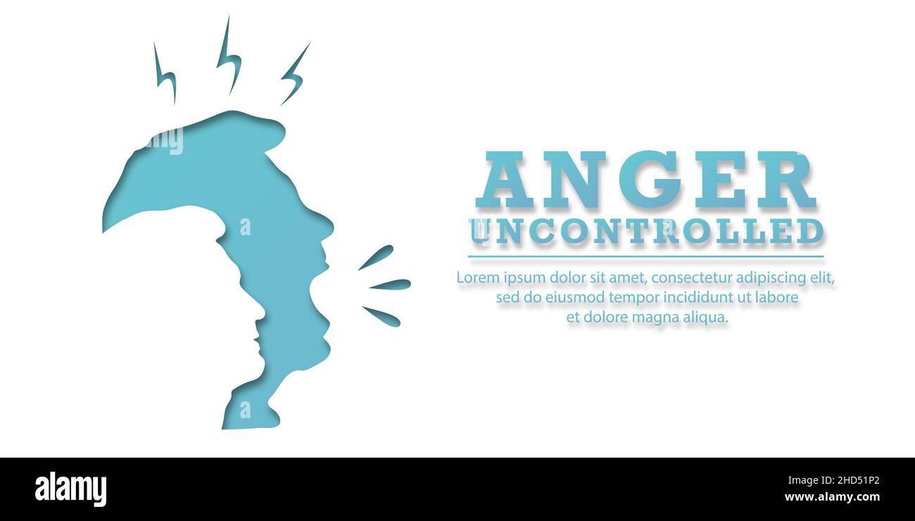 Angry guy screams. Lettering: ANGER UNCONTROLLED. Frustrated man with ...