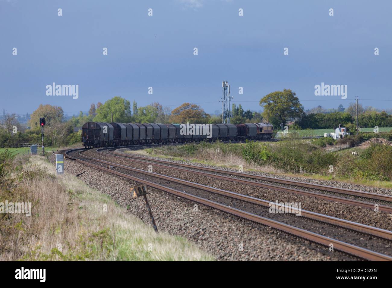 Freight train with a danger signal behind it, the signal automatically ...