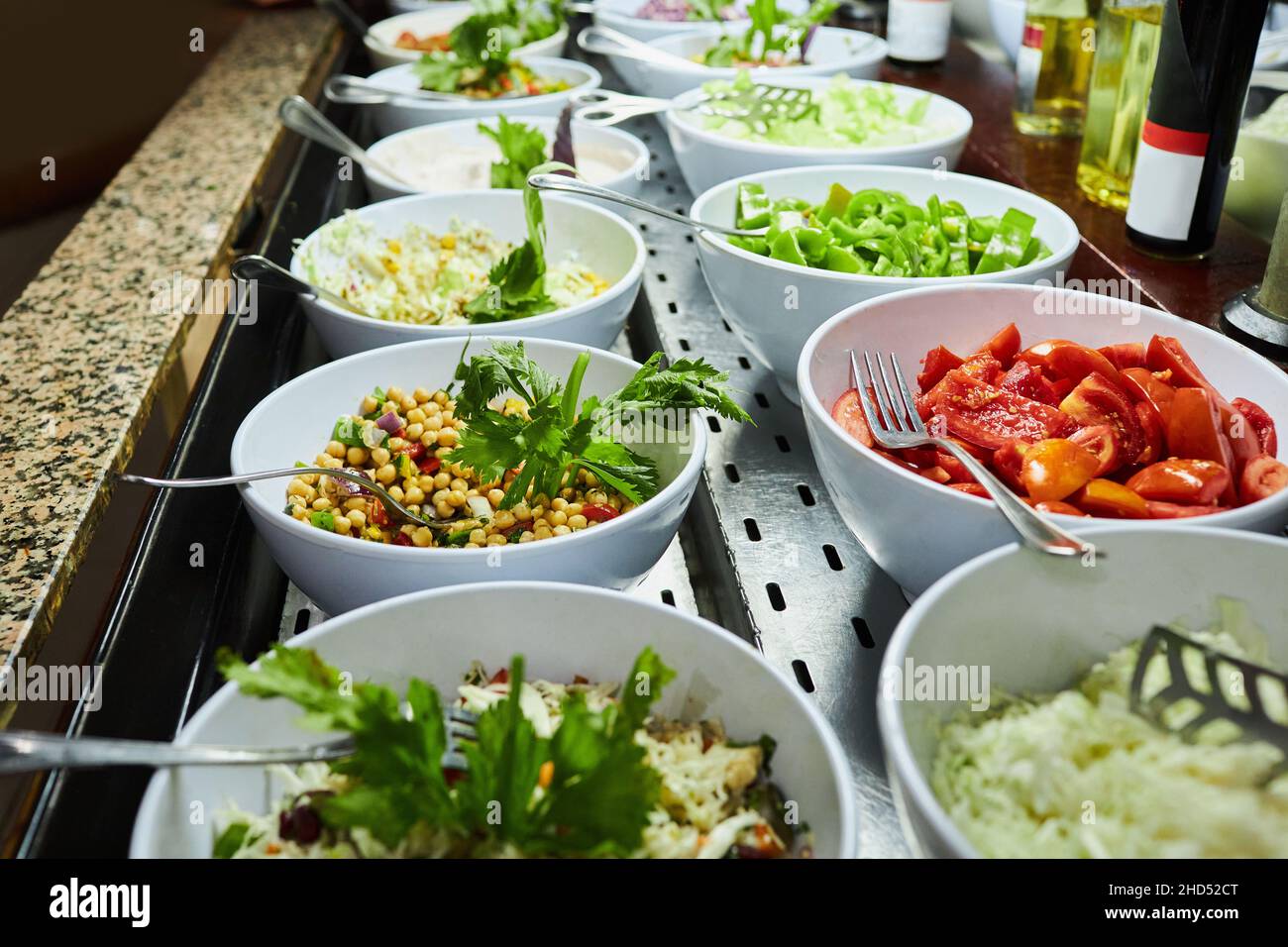 Restaurant with fresh and organic salads. Self-service food in a mall ...