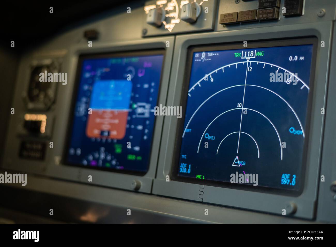 Navigation on board the aircraft. Close-up of an airplane dashboard ...