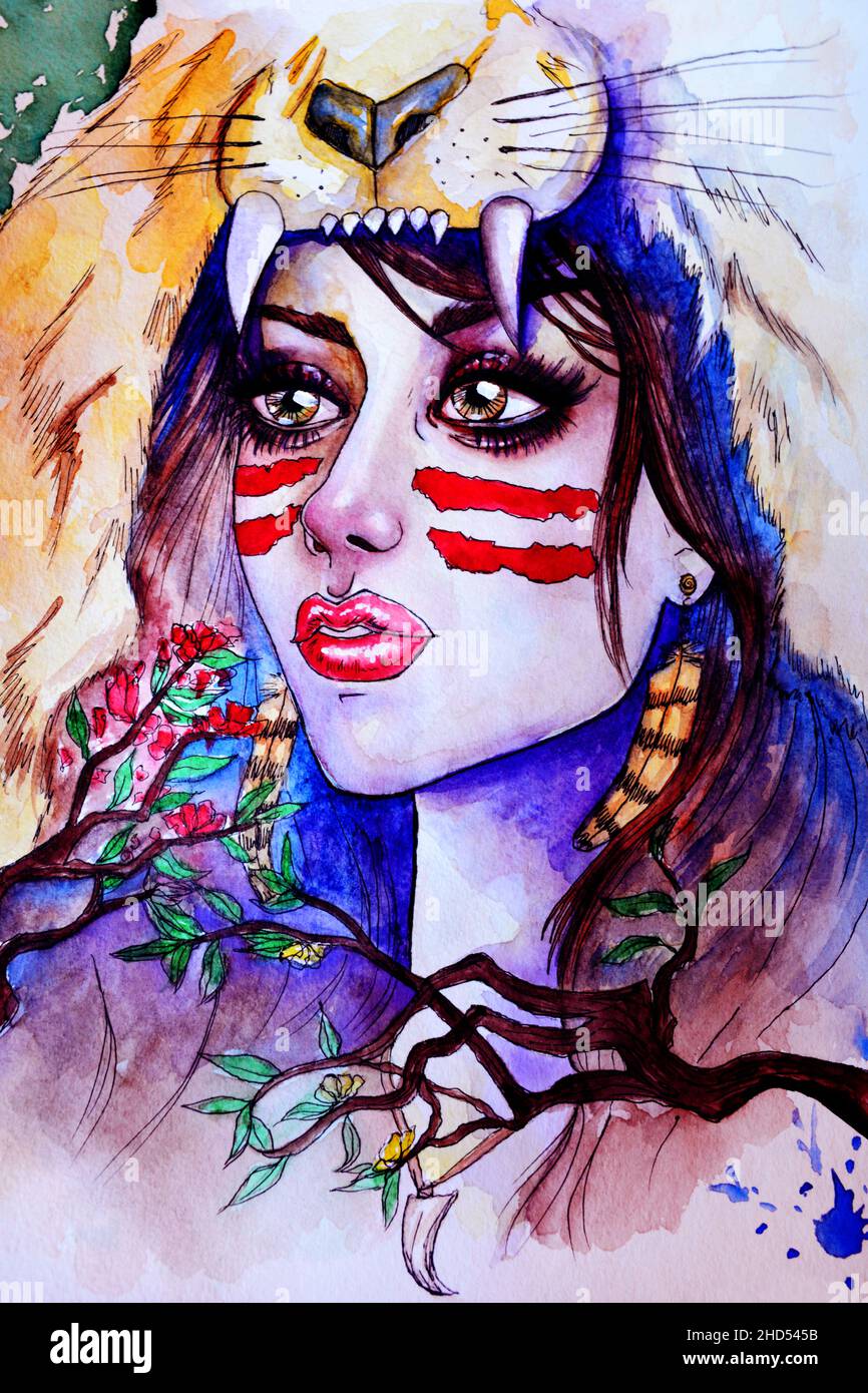 Hunter Girl Portrait Watercolor Illustration Stock Photo - Alamy